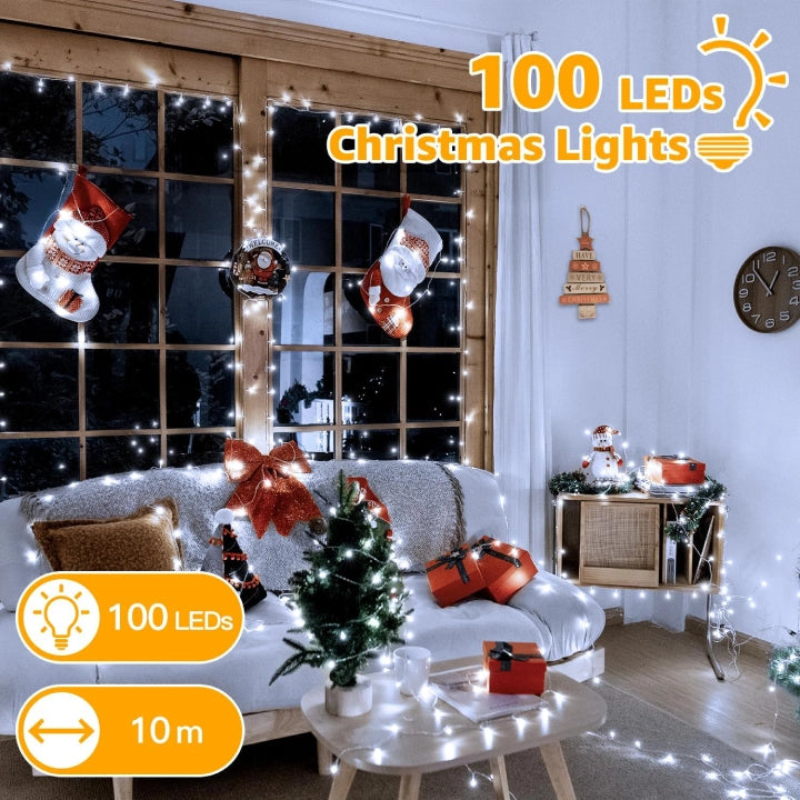 100 LED 10m Cool White Fairy Lights (Cool White, Memory Function, 8 Mo – Ollnyuk