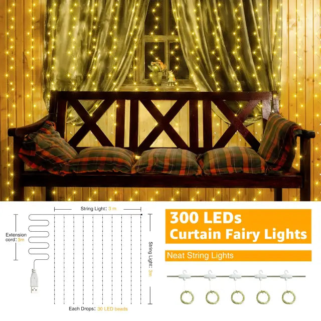 Ollny 300 LED 3m*3m USB Curtain Fairy Lights With Hooks (Warm White, C ...